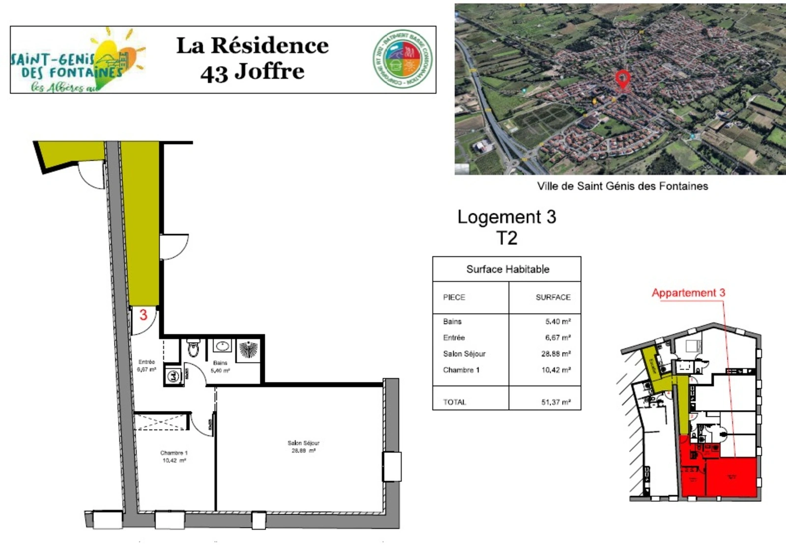 Appartement à louer SAINT GENIS DES FONTAINES 2 pièce(s) 51m2 585€/mois CC